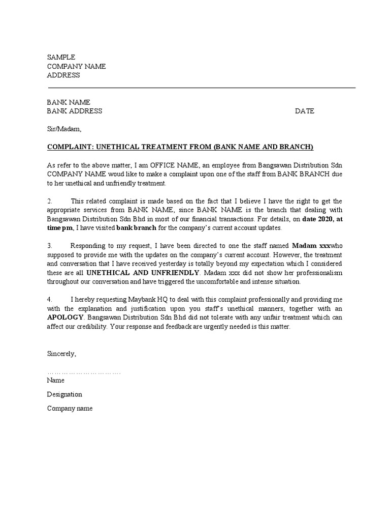 Sample Complaint Letter To Bank | PDF