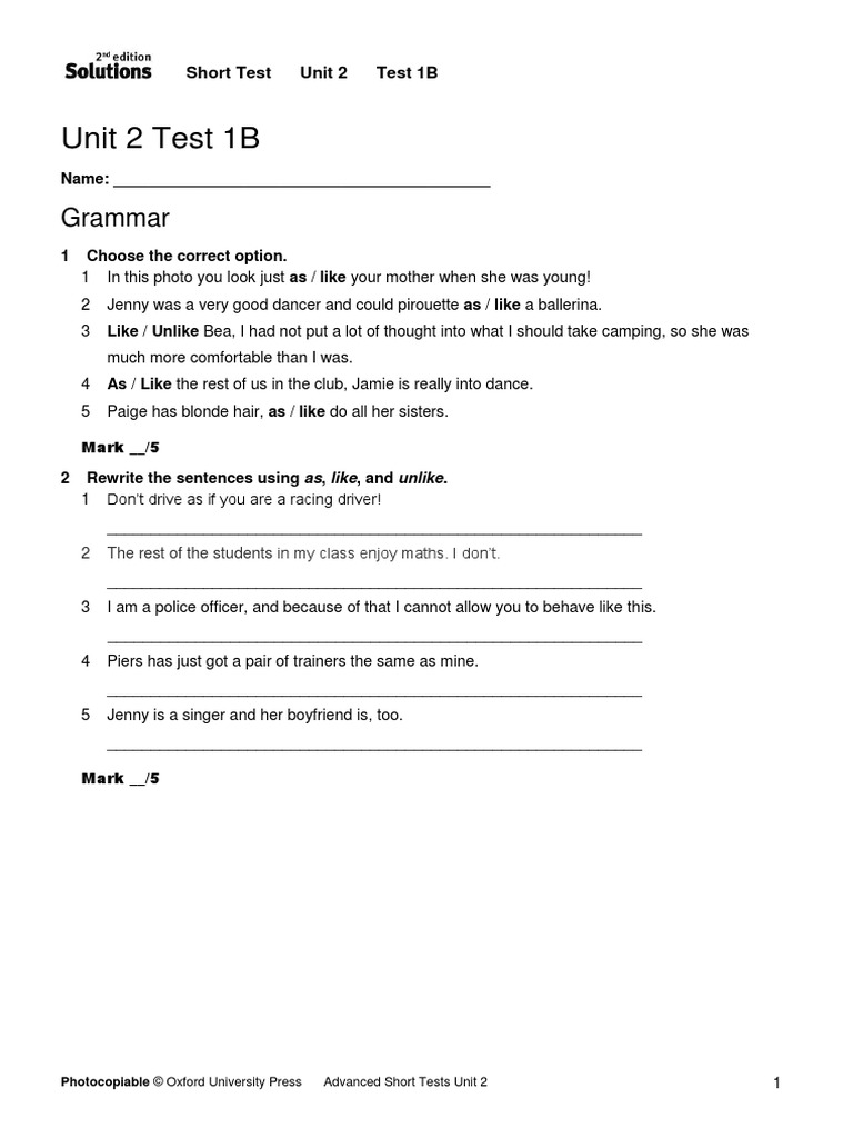 Short Test Unit 2 1B+2B | PDF