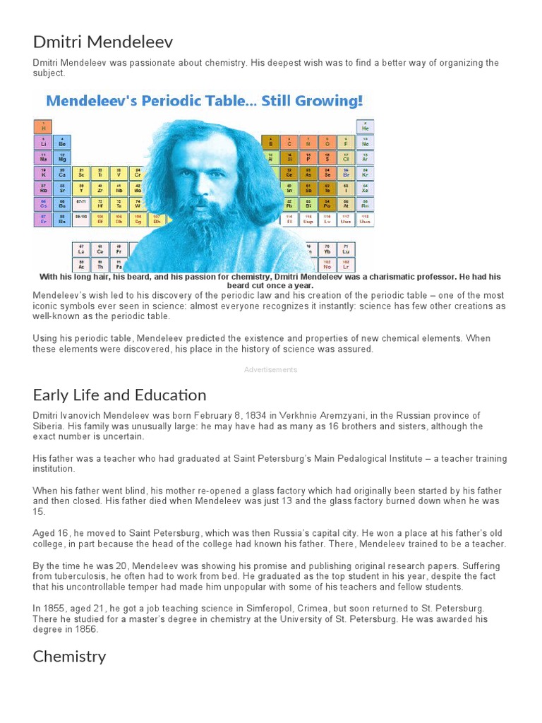 Dmitri Mendeleev: Early Life and Education | PDF | Periodic Table ...
