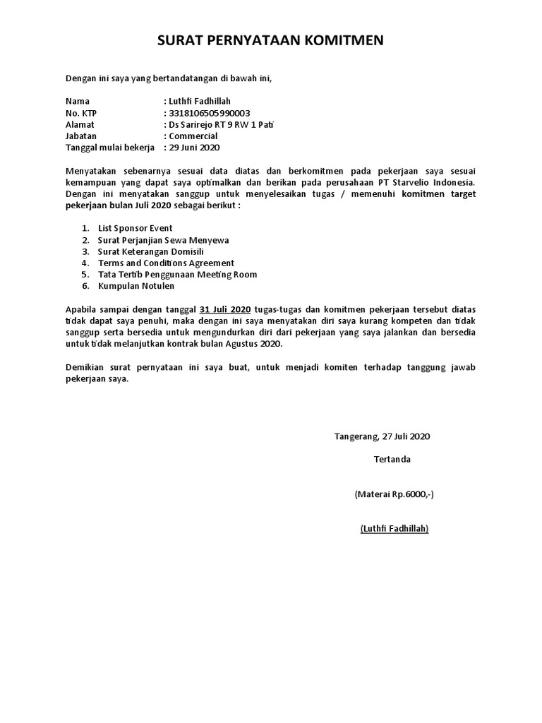 Surat Pernyataan Komitmen | PDF
