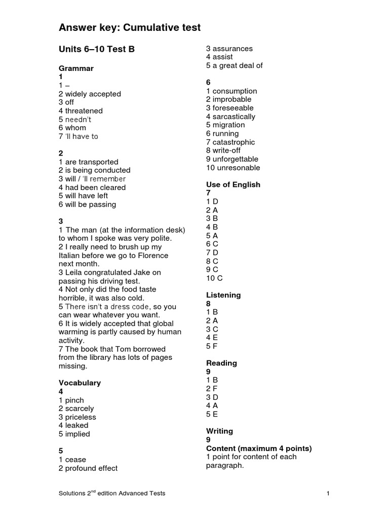 Answer Key: Cumulative Test | PDF | Communication