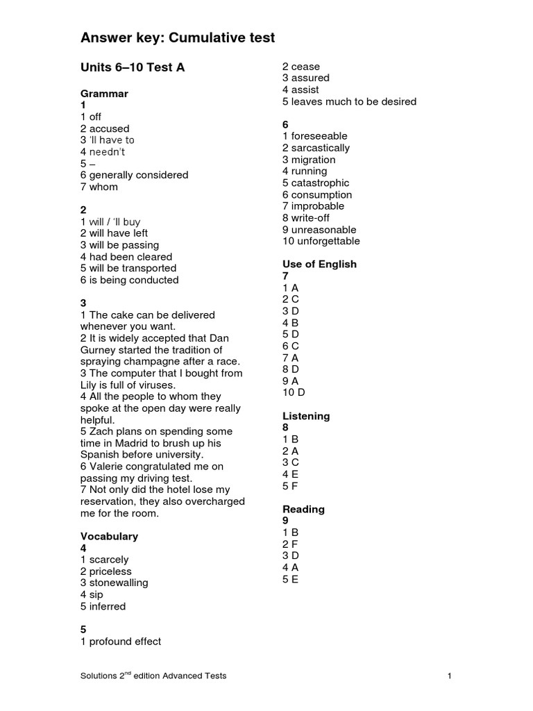 Cumulative Test Answer Key Units 6-10 | PDF | Cognition | Communication
