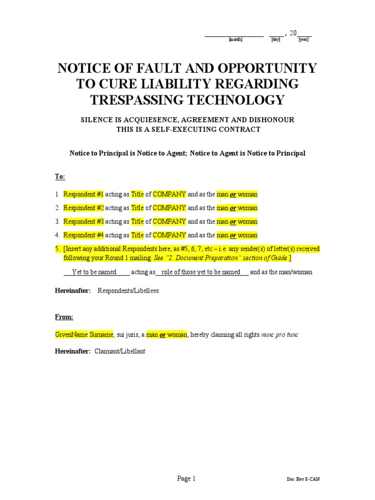 Notice of Fault and Opportunity To Cure Liability Regarding Trespassing Technology | Download ...