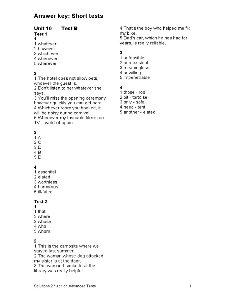 Answer Key: Short Tests: Unit 10 Test B | PDF