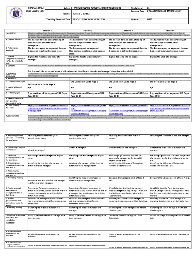Grades 1 To 12 Daily Lesson Log School Franklin Delano Roosevelt ...