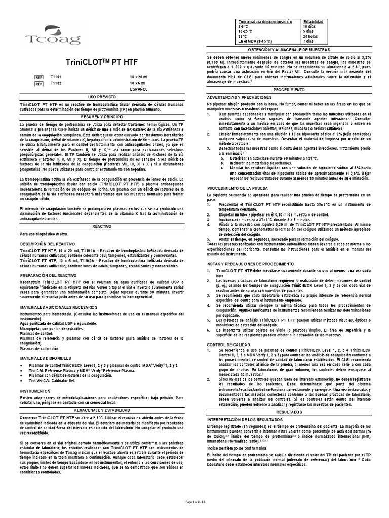 T1101-T1102 Triniclot PT HTF ES | PDF | Coagulación | Fluidos corporales