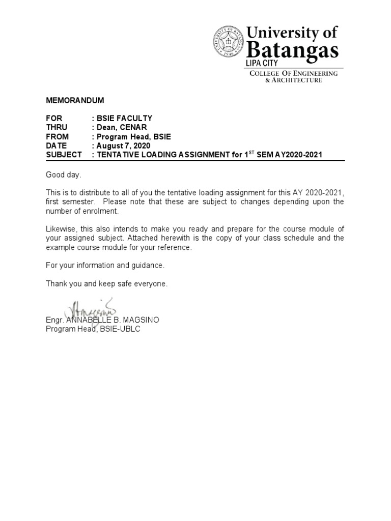 Memo FACULTY LOADING 1st Sem 2020-21 | PDF