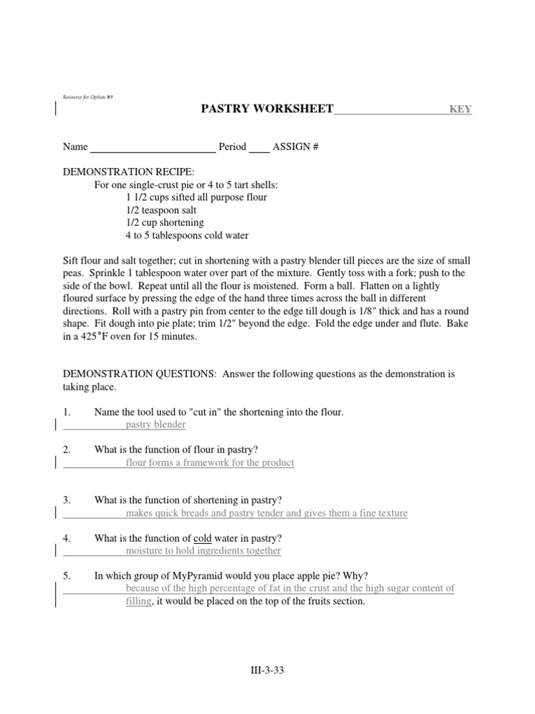 Pastry Worksheet Key PDF | PDF