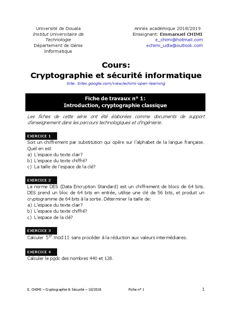 01.exo - Cryptographie&Securité Étudiant-1 | PDF | Cryptage | Cryptanalyse