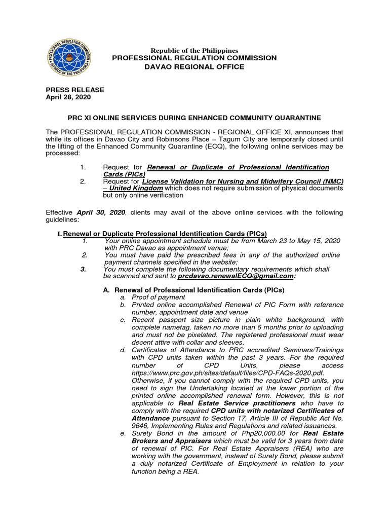 Press Release For Processing of PRC Transactions During ECQ - Final ...