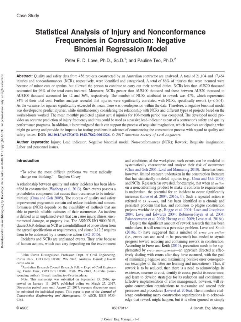 Statistical Analysis of Injury and Nonconformance Frequencies in Construction: Negative Binomial ...
