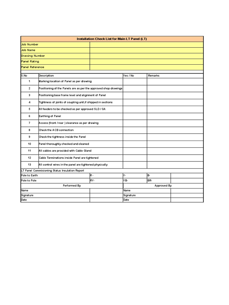 Installation Check List For Main LT Panel (LT) : Job Number Job Name ...