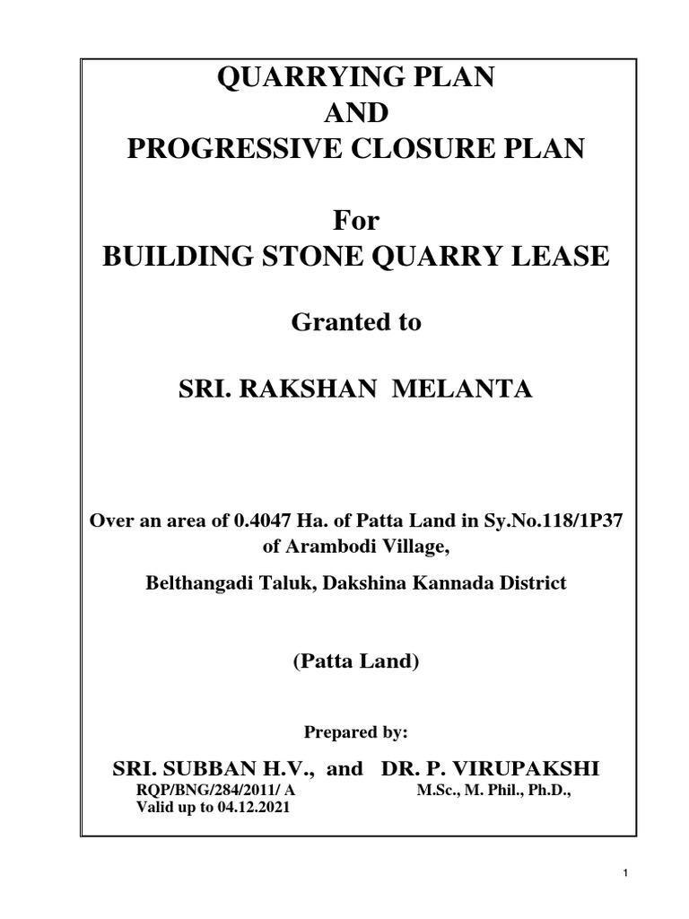 Quarrying Plan AND Progressive Closure Plan For Building Stone Quarry ...