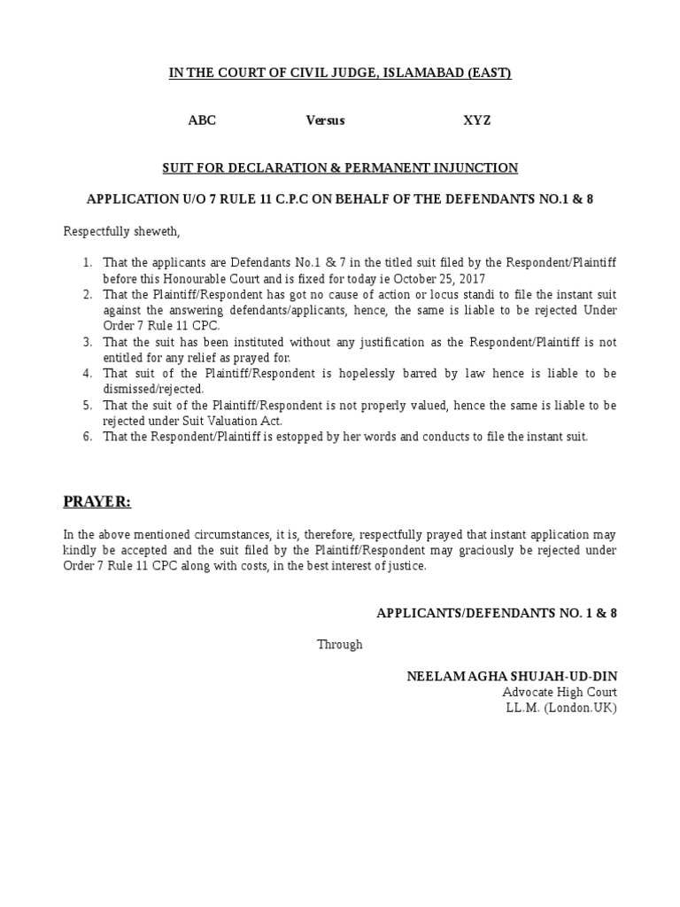 7/11 CPC Application for Suit Rejection | PDF | Affidavit | Lawsuit