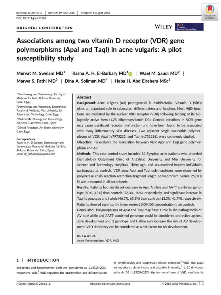Associations Among Two Vitamin D Receptor (VDR) Gene Polymorphisms (ApaI and TaqI) in Acne ...