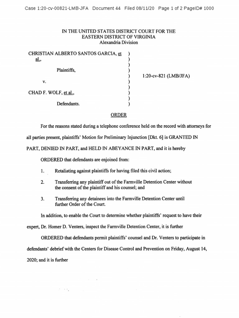 Judge Leonie Brinkema Farmville Detention Center Order 08-11-2020 | PDF