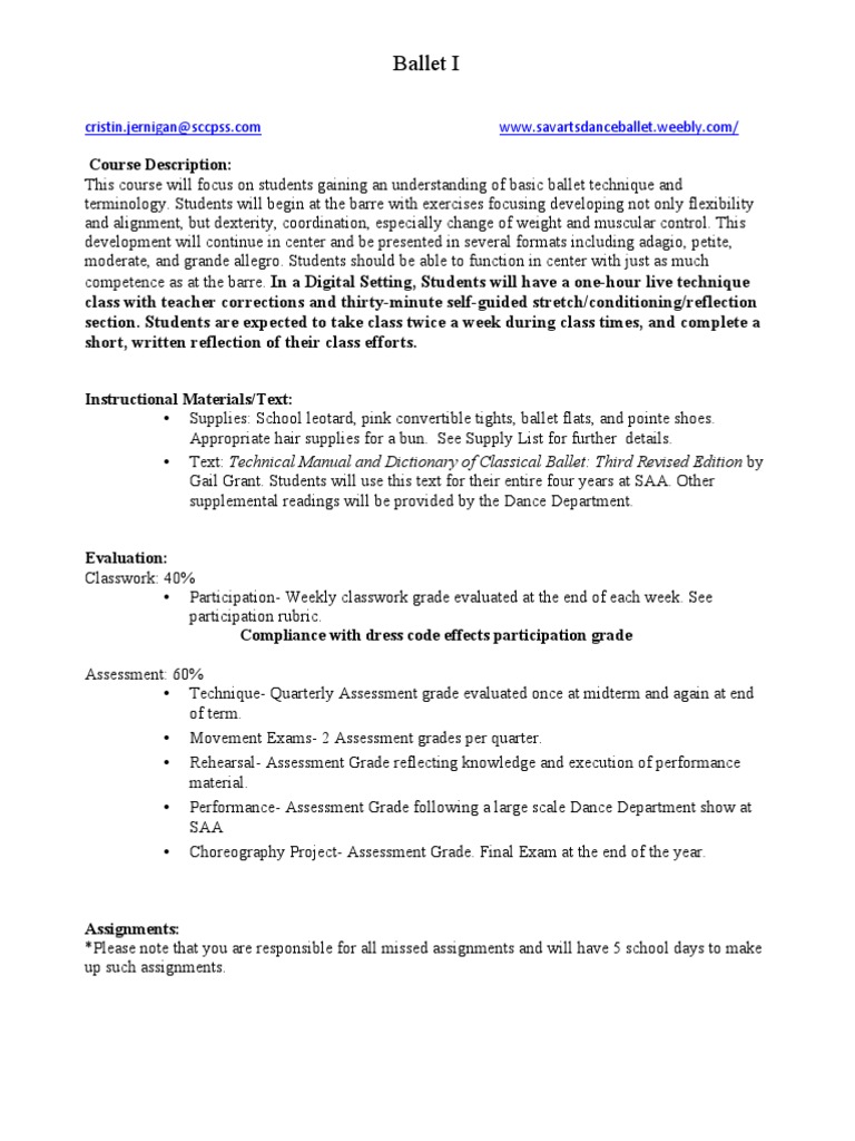 Ballet I Syllabus | PDF | Dances | Ballet
