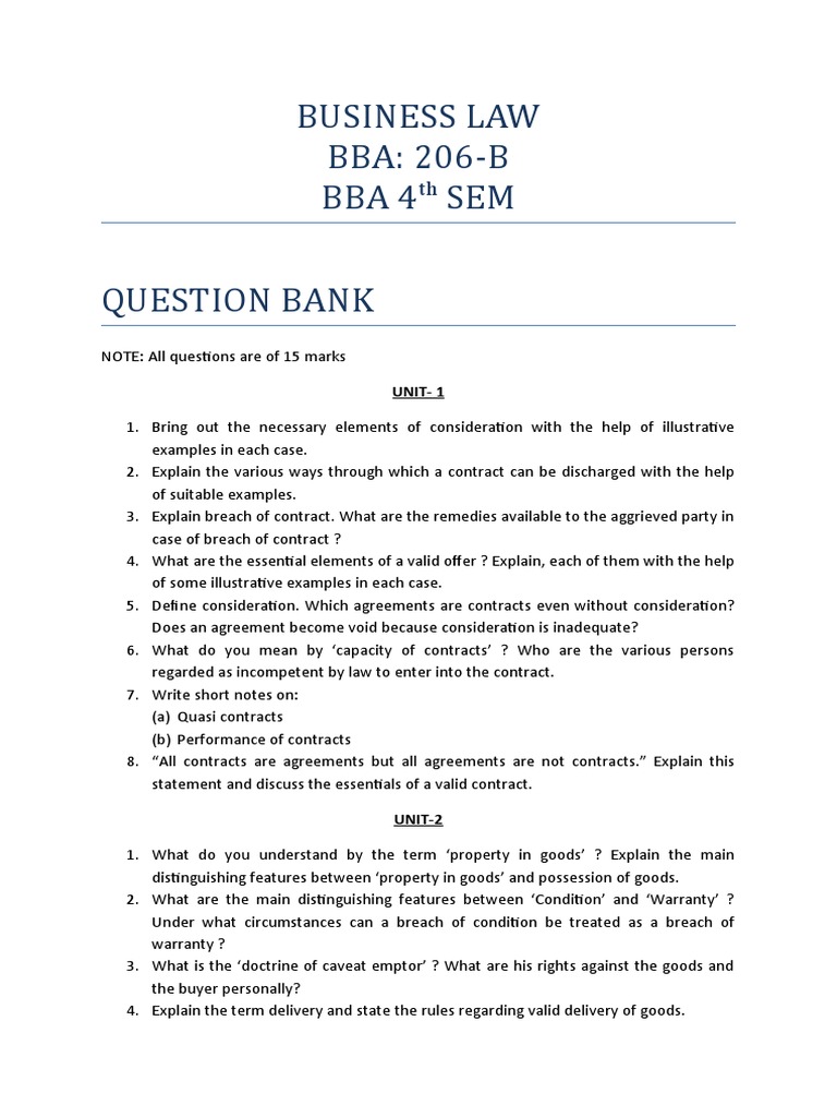 Business Law BBA: 206-B Bba 4 SEM Question Bank: Unit-1 | PDF | Breach ...