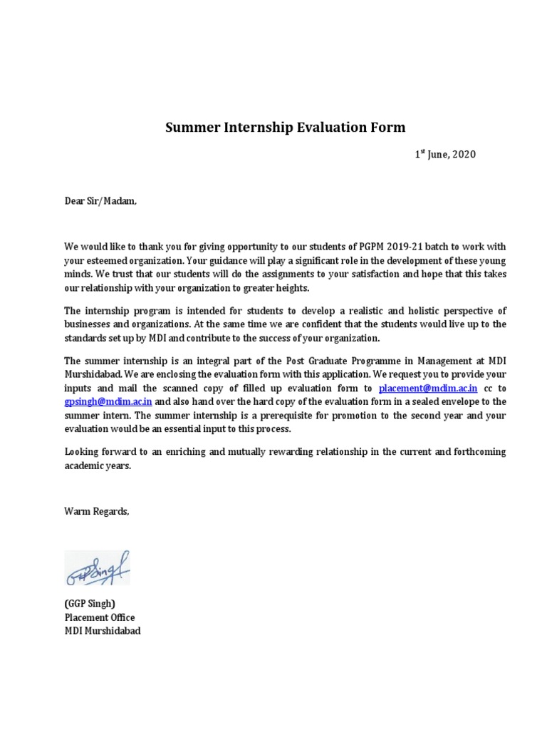 Summer Internship Evaluation Form | PDF | Strategic Management ...