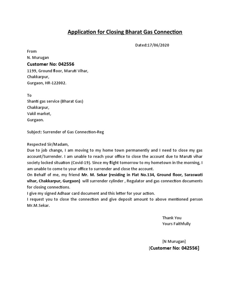 Application For Closing Bharat Gas Connection: Customer No: 042556 | PDF