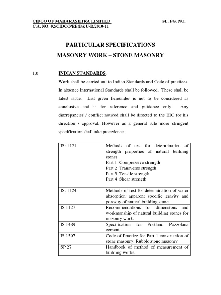 Particular Specifications Masonry Work - Stone Masonry: Indian ...