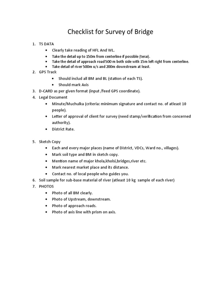 Checklist For Survey Bridge | PDF