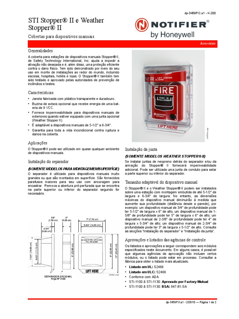 Protetor Acrílico STI Stopper II e Weather (Notifier - TDS) | PDF