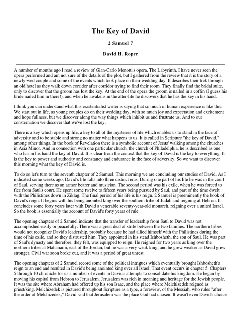 The Key of David: 2 Samuel 7 David H. Roper | PDF | David | Saul
