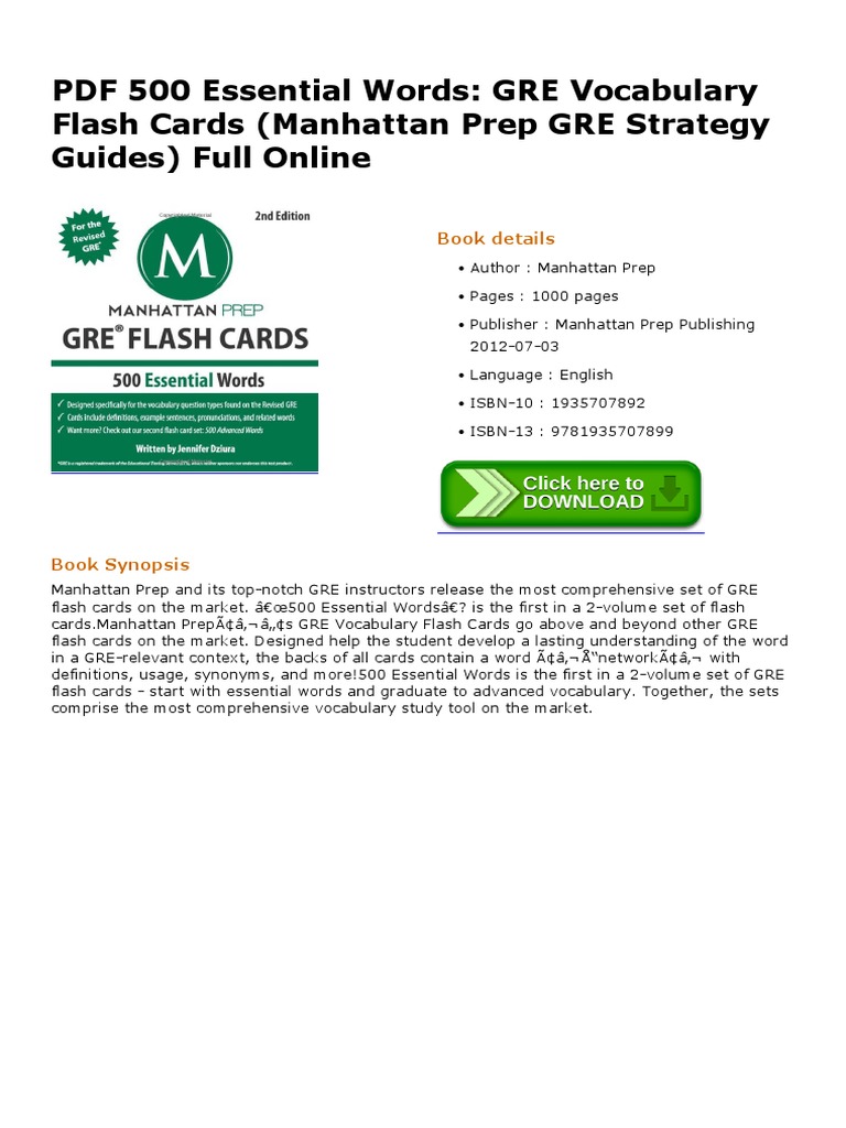 PDF 500 Essential Words: GRE Vocabulary Flash Cards (Manhattan Prep GRE ...