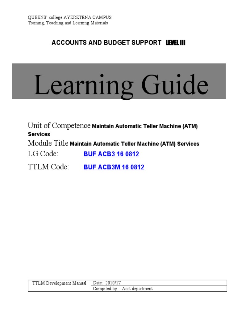 Learning Guide: Unit of Competence Module Title LG Code: TTLM Code | PDF | Automated Teller ...