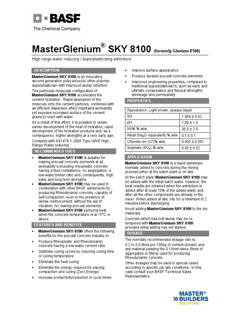 Basf Masterglenium Sky 8100 Tds | PDF | Concrete | Chemical Substances