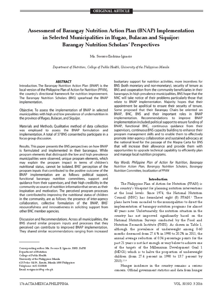 6874 Assessment of Barangay Nutrition Action Plan Bnap Implementation ...