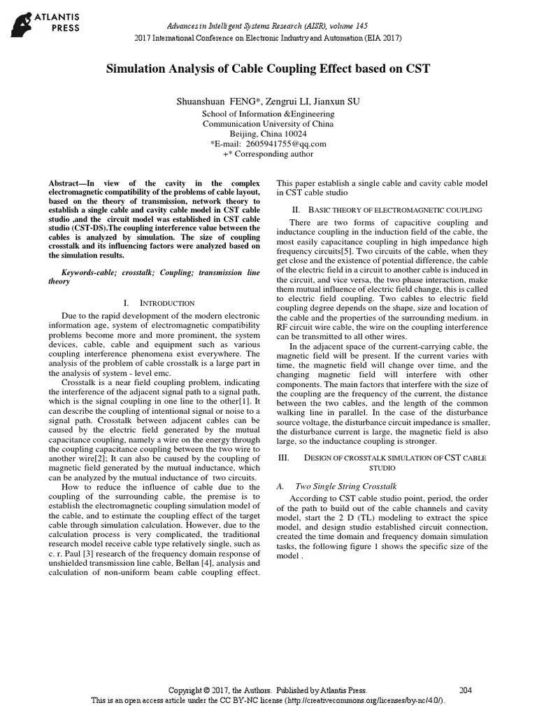 Simulation Analysis of Cable Coupling Effect Based On CST | Download ...