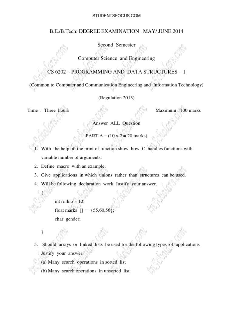 B.E./B.Tech: Degree Examination - May/ June 2014 Second Semester Computer Science and ...