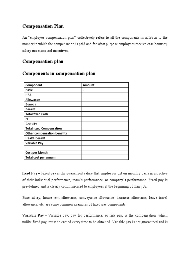 Compensation Plan: Component Amount | PDF | Compensation And Benefits ...