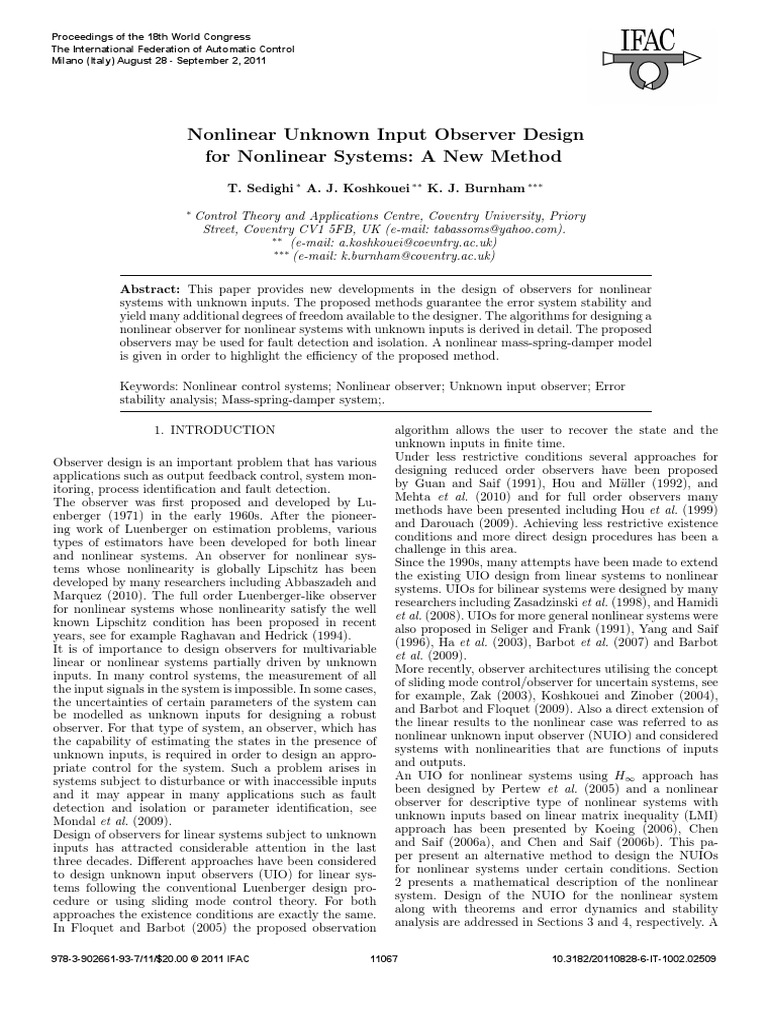 Nonlinear Unknown Input Observer Design For Nonlinear Systems: A New Method | PDF | Control ...