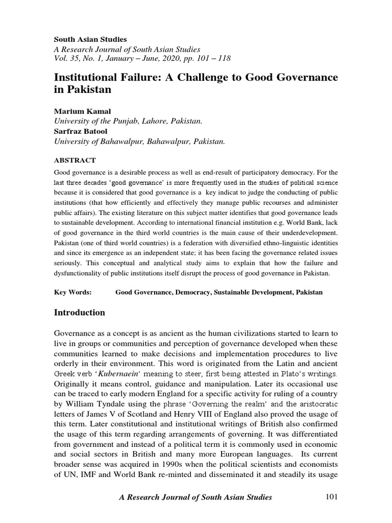 Institutional Failure: A Challenge To Good Governance in Pakistan | PDF ...