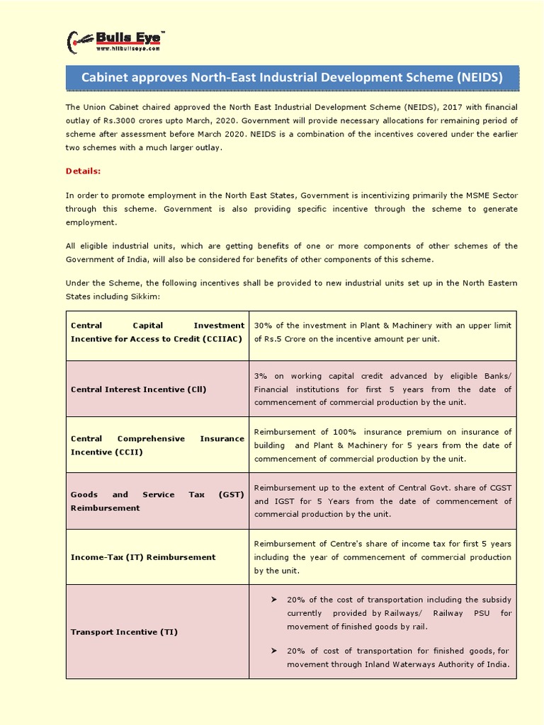 Cabinet Approves North-East Industrial Development Scheme (NEIDS) | PDF ...