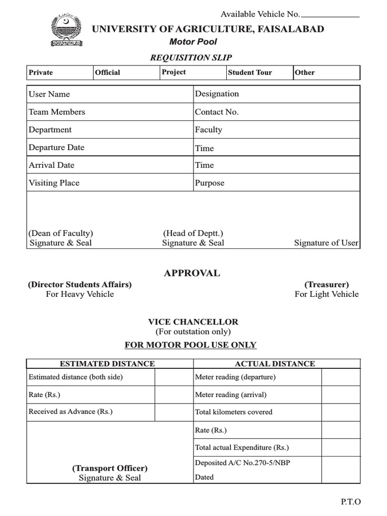 University of Agriculture, Faisalabad: Motor Pool Requisition Slip ...