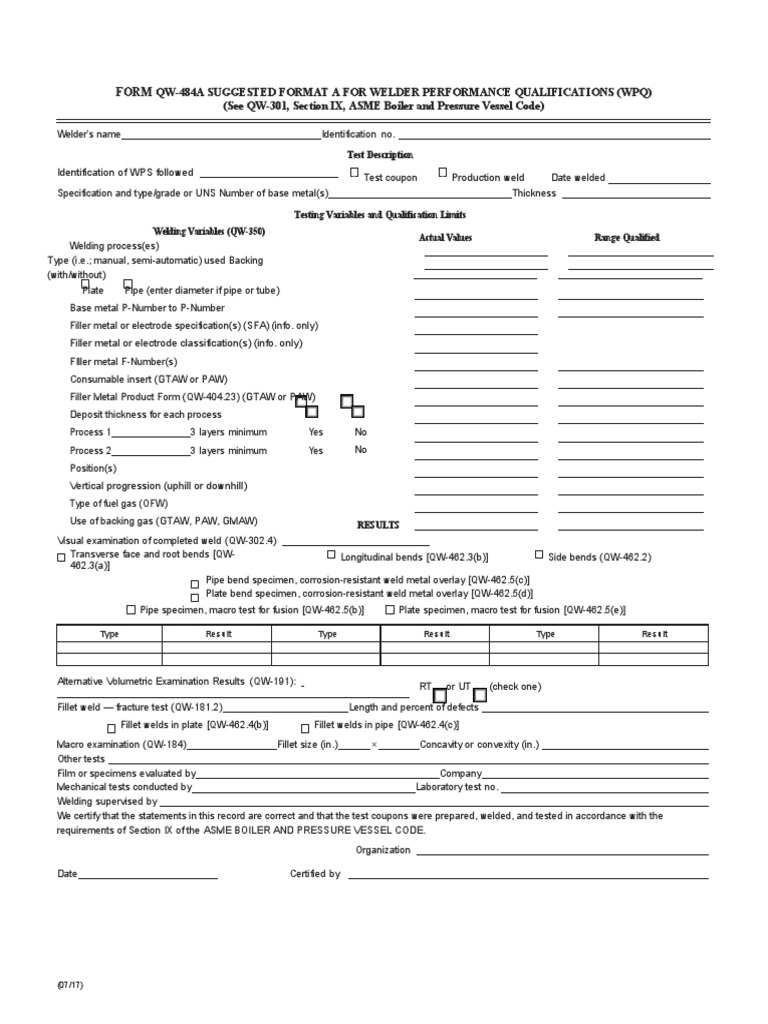 Qw-484A Suggested Format A For Welder Performance Qualifications (WPQ ...