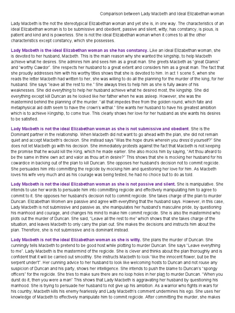 Comparison Between Lady Macbeth and Ideal Elizabethan Woman | PDF