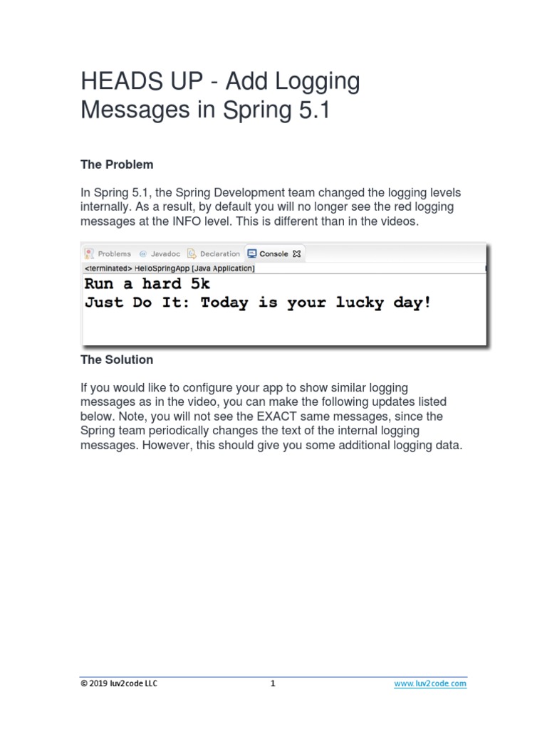 HEADS UP - Add Logging Messages in Spring 5.1: The Problem | PDF ...