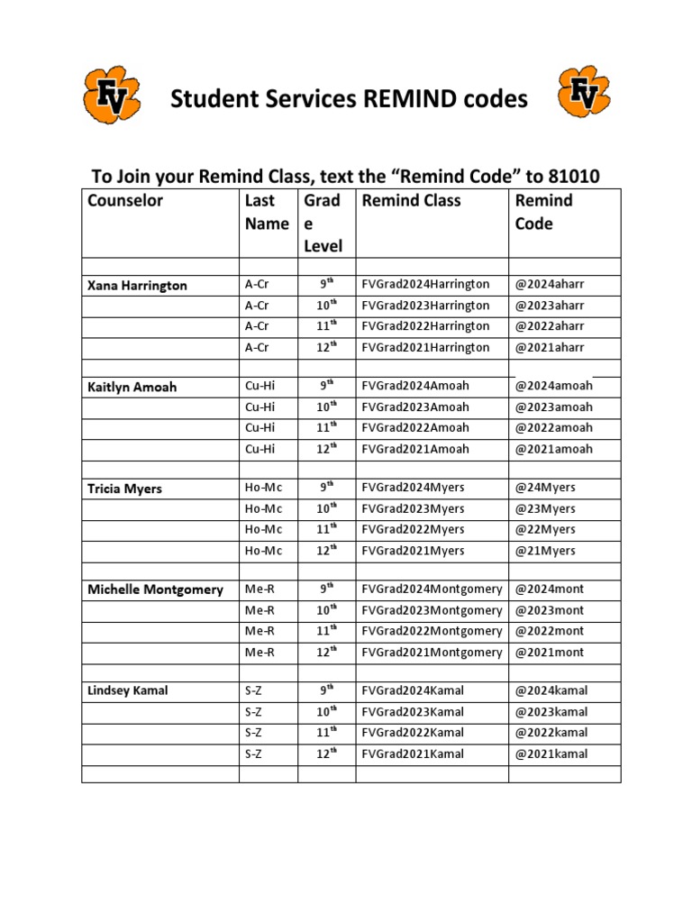 Student Services Remind Codes - Flyer 2020 | PDF