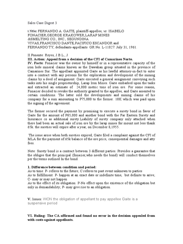 Sales Case Digest 3 I.Title:: WON The Obligation of Appellant To Pay ...
