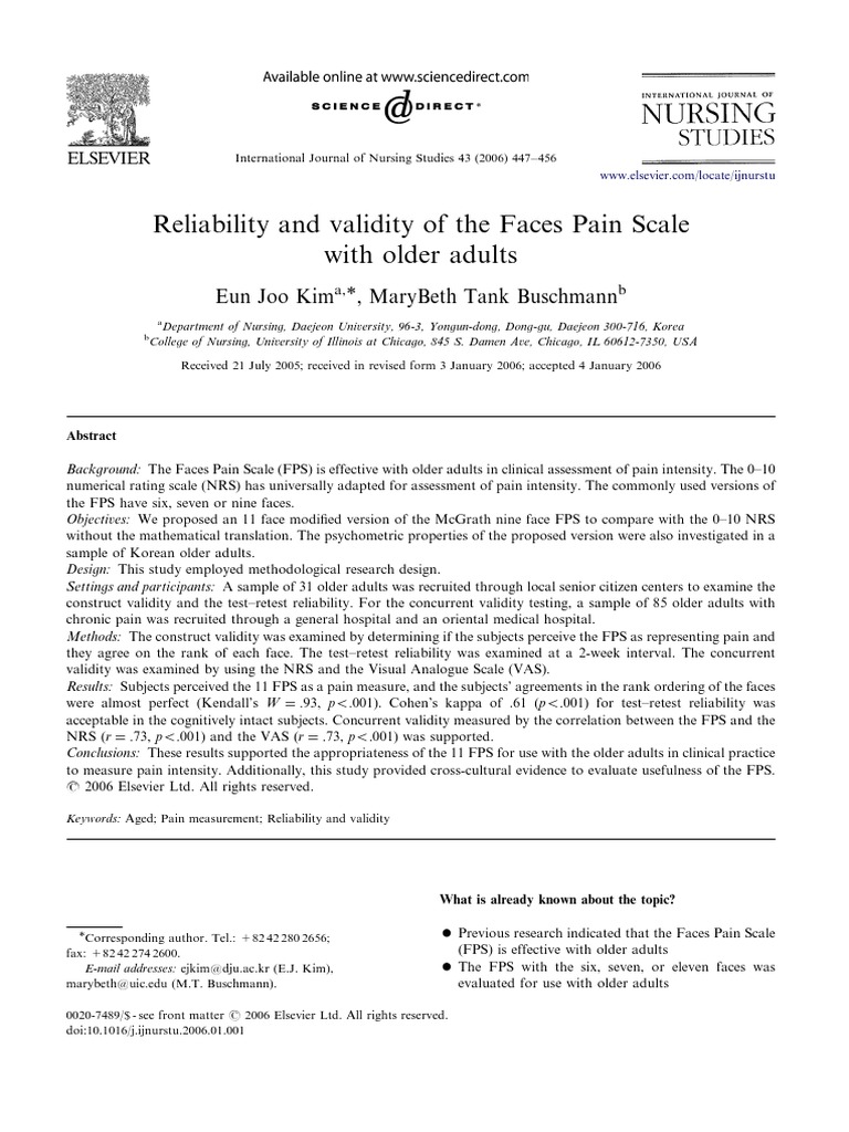 Reliability and Validity of The Faces Pain Scale With Older Adults | PDF | Validity (Statistics ...