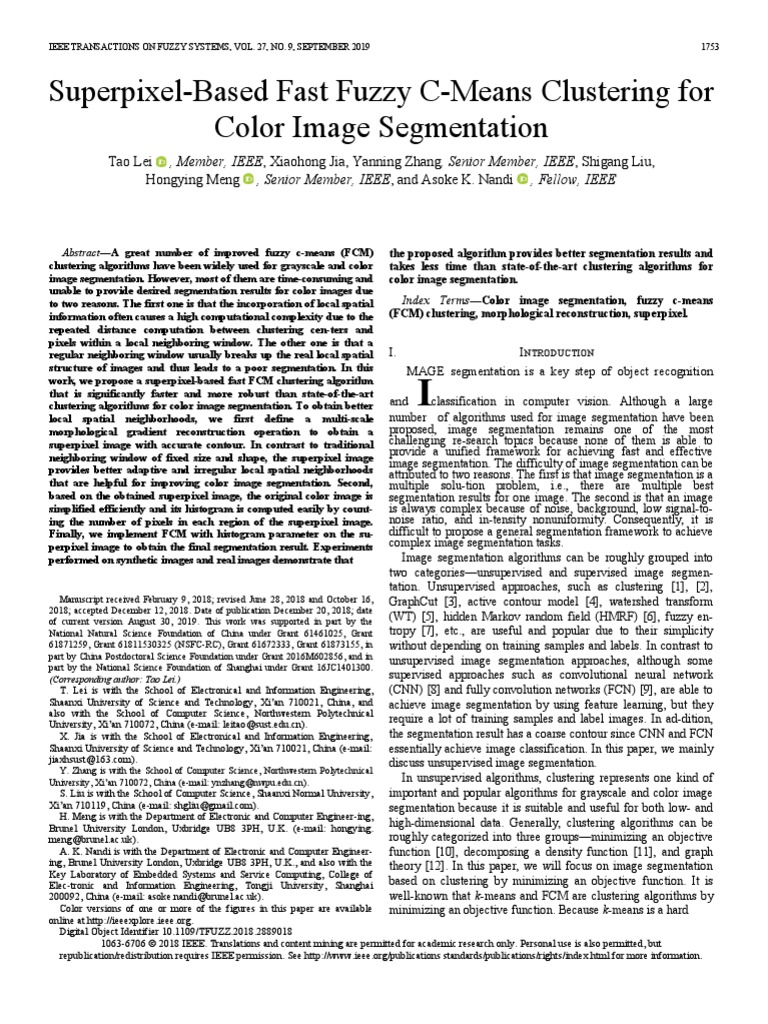 Superpixel-Based Fast Fuzzy C-Means Clustering For Color Image Segmentation | PDF | Image ...
