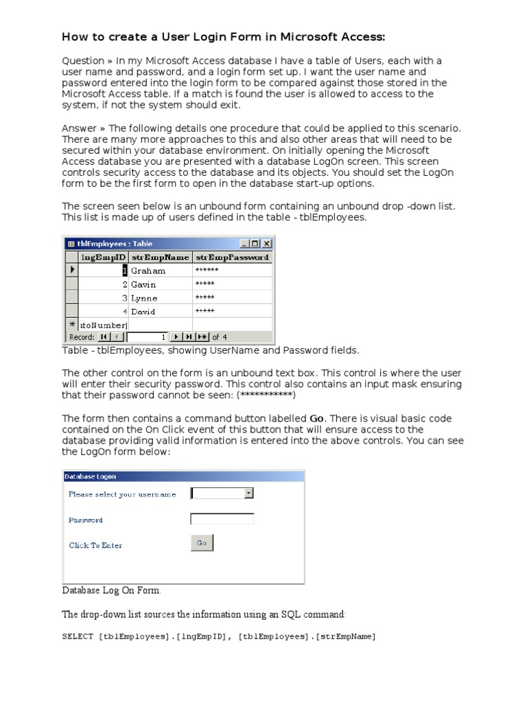 How To Create A User Login Form in Microsoft Access | PDF | Microsoft ...
