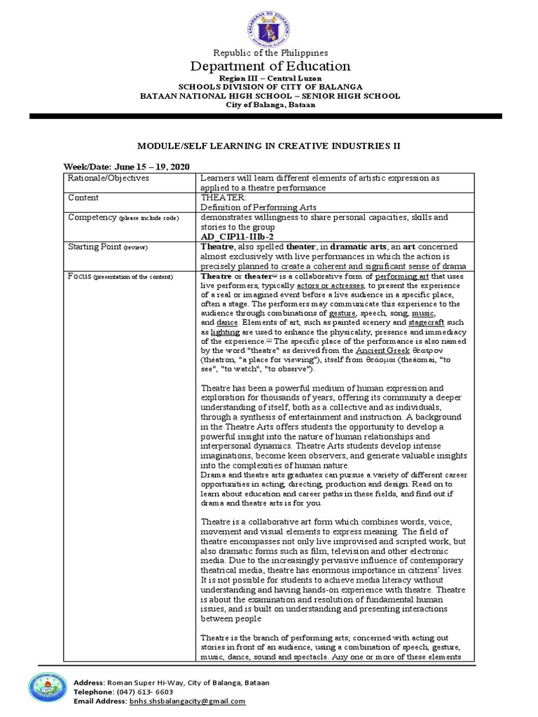 Elements of Theatre Arts Explained | PDF | Theatre | Performing Arts