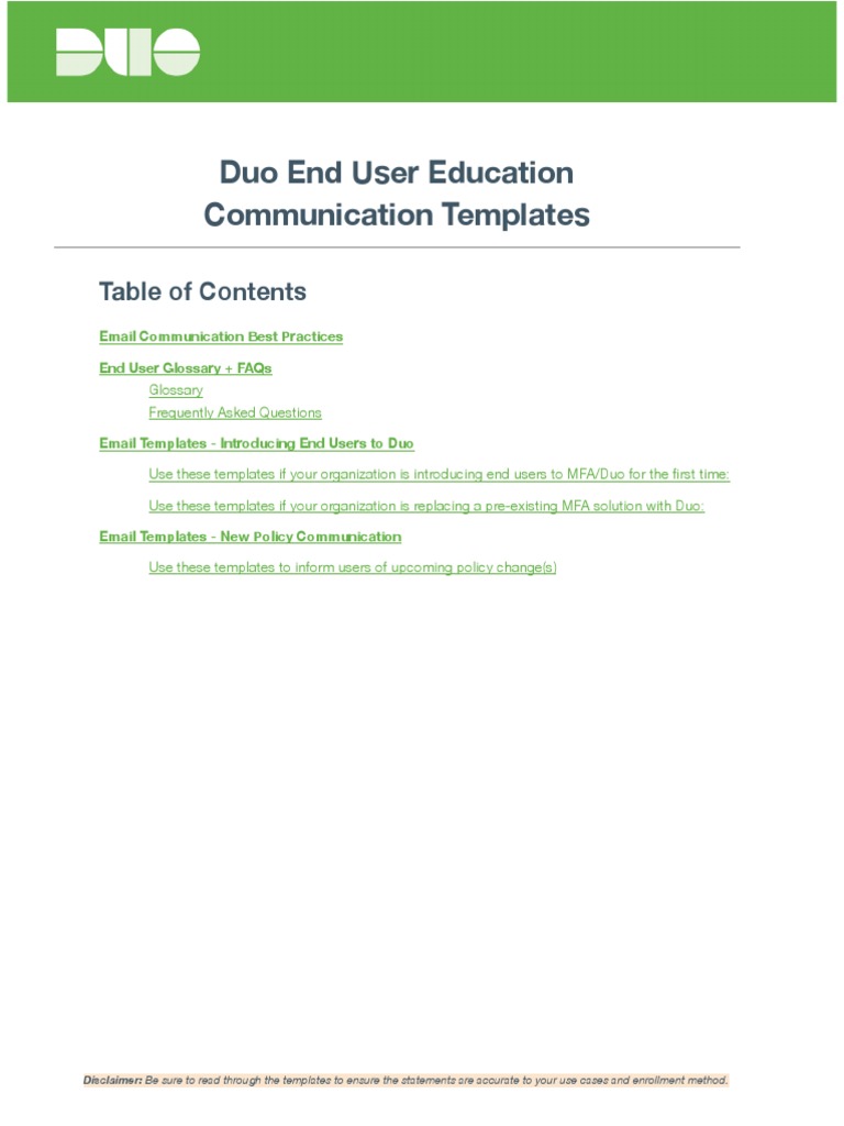 Duo End User Education Communication Templates: Table of Contents | PDF ...