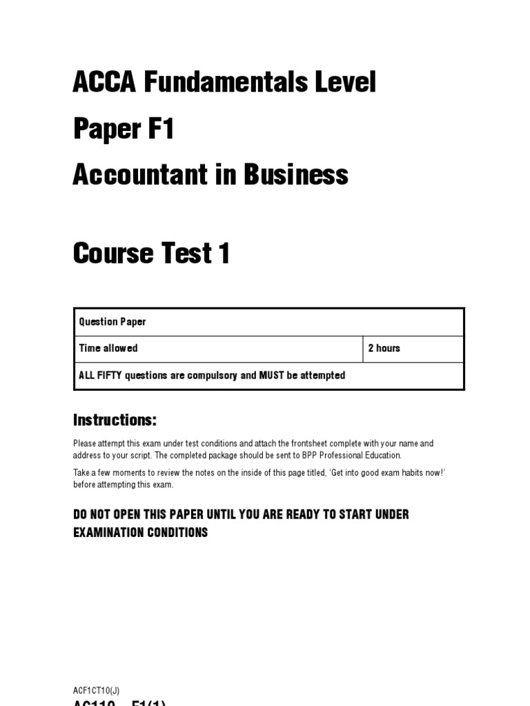 ACCA Fundamentals Level Paper F1 Accountant in Business Course Test 1 ...